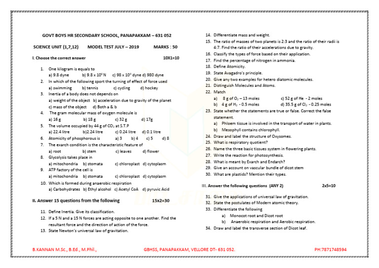 67 10th Science Unit Test 1712 English Medium | PDF | Biology