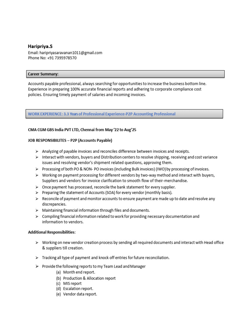 P2P Accounting Professional Resume | PDF | Accounts Payable | Business