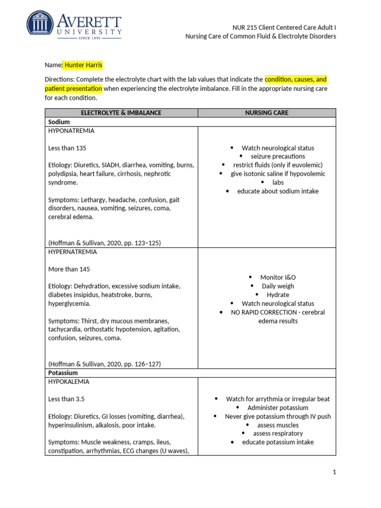 NUR 215 Fluid Electrolyte Disorders Chart | PDF | Clinical Medicine ...