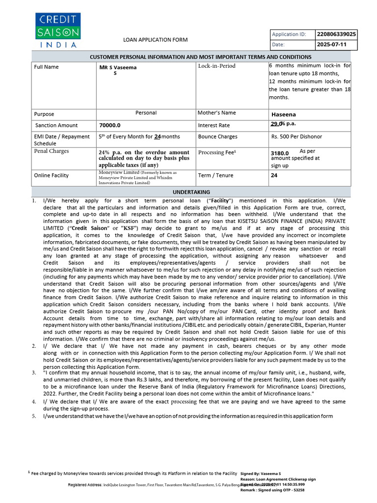 Customer Personal Information and Most Important Terms and Conditions ...