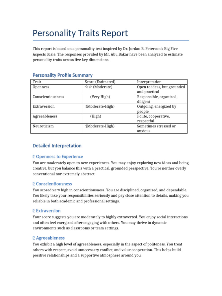 Personality Traits Analysis Report | PDF | Social Psychology | Human ...