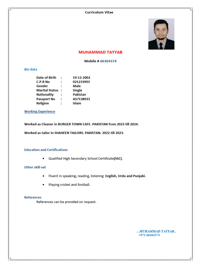 Muhammad Tayyab: Bio Data | PDF