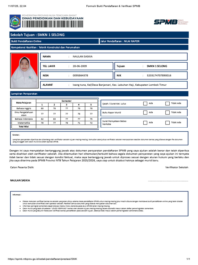 Formulir Bukti Pendaftaran & Verifikasi SPMB | PDF