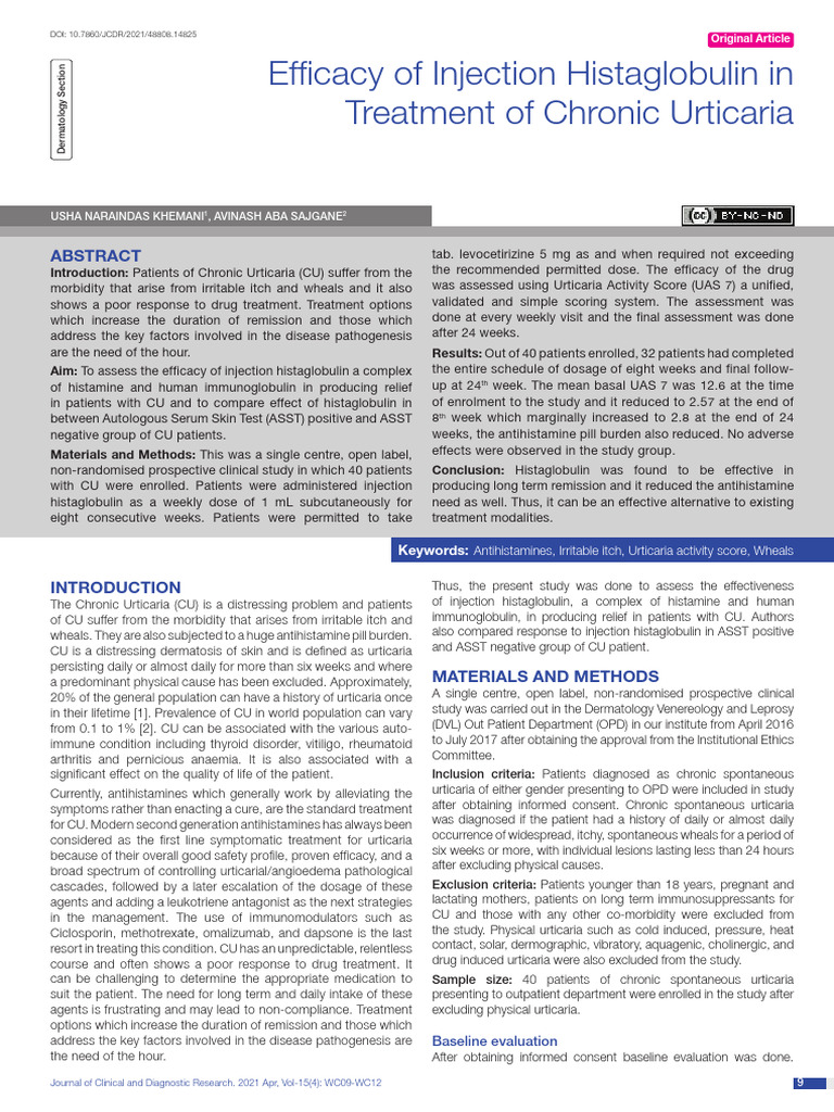 Efficacy of Histaglobulin in Chronic Urticaria | PDF | Medical ...