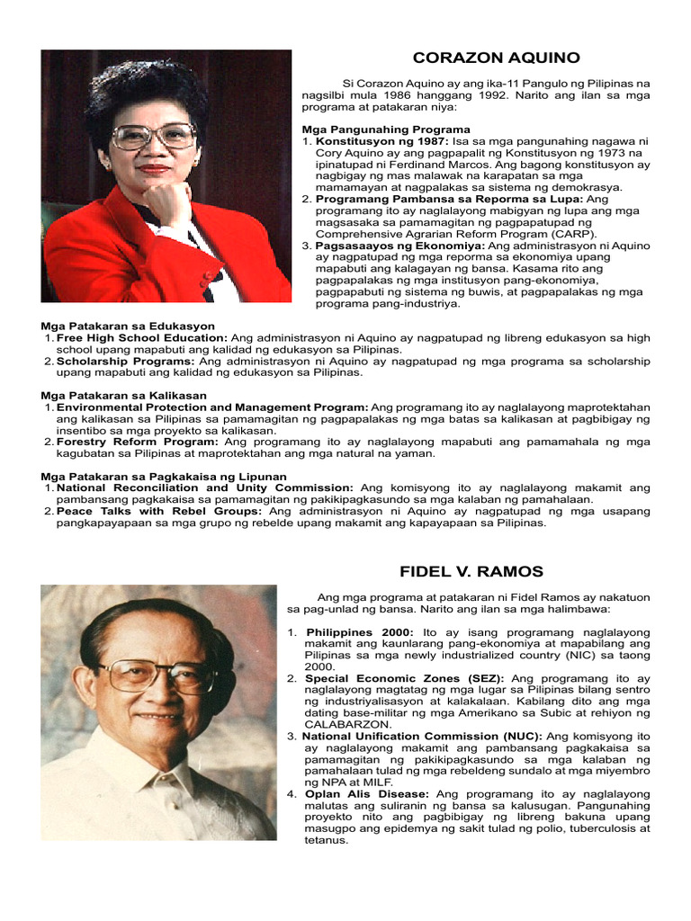 Mga Programa at Patakaran NG Mga Presidente NG Pilipinas Ver.3 | PDF