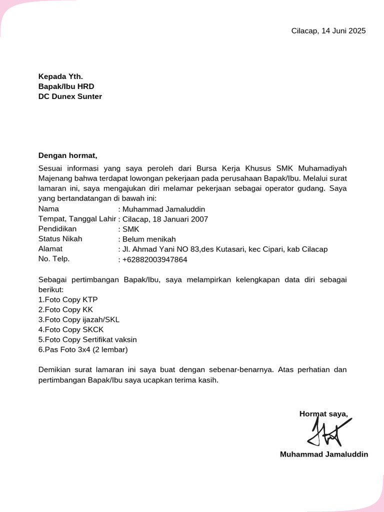 Surat Lamaran Kerja (Jamal) | PDF