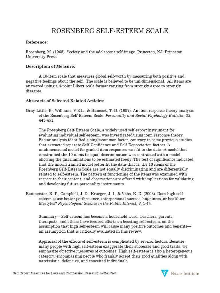 Rosenberg Self-Esteem Scale Overview | PDF | Self Esteem | Popular ...