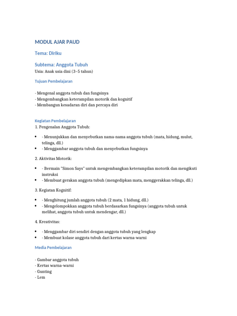 Modul Ajar PAUD: Anggota Tubuh Diri Sendiri | PDF