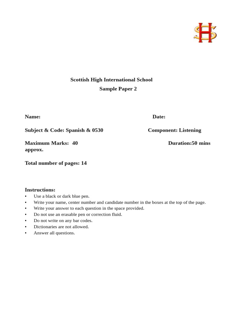 Sample Paper 2 Spanish Paper 1 (Listening) | PDF
