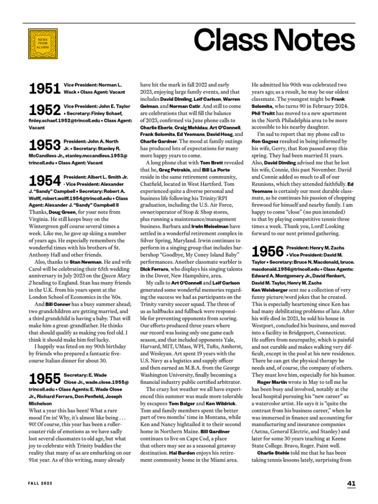 Trinity College Alumni Class Notes 2023 | PDF