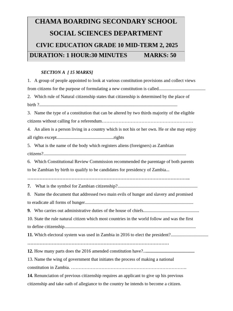 Grade 10 Civic Mid 2025 | PDF | Citizenship | Constitution