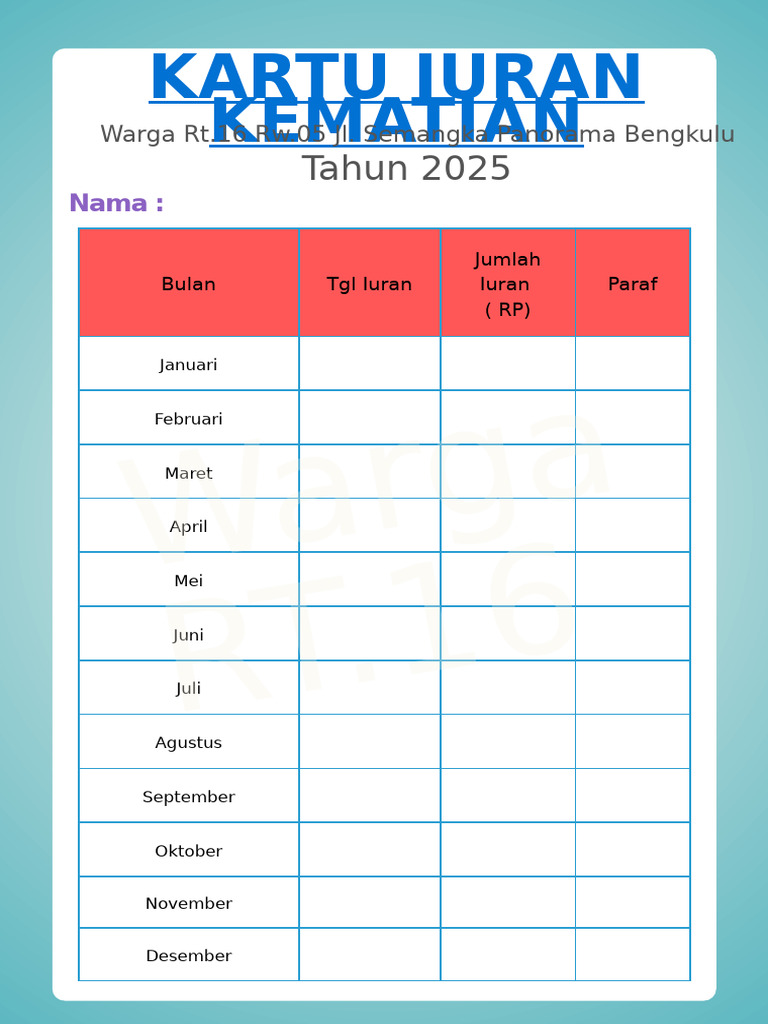 Biru Modern Kartu Iuran Bulanan Dokumen A4 | PDF