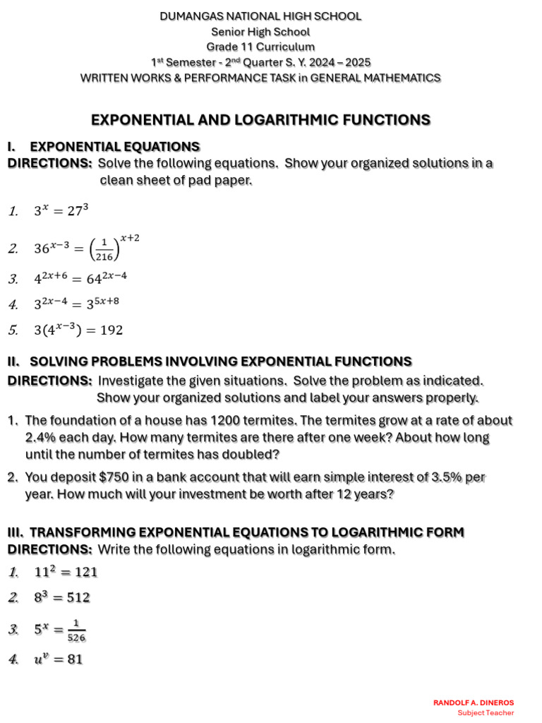 Written and Performance Task - Exponential and Logarithmic Functions | PDF | Logarithm | Ph