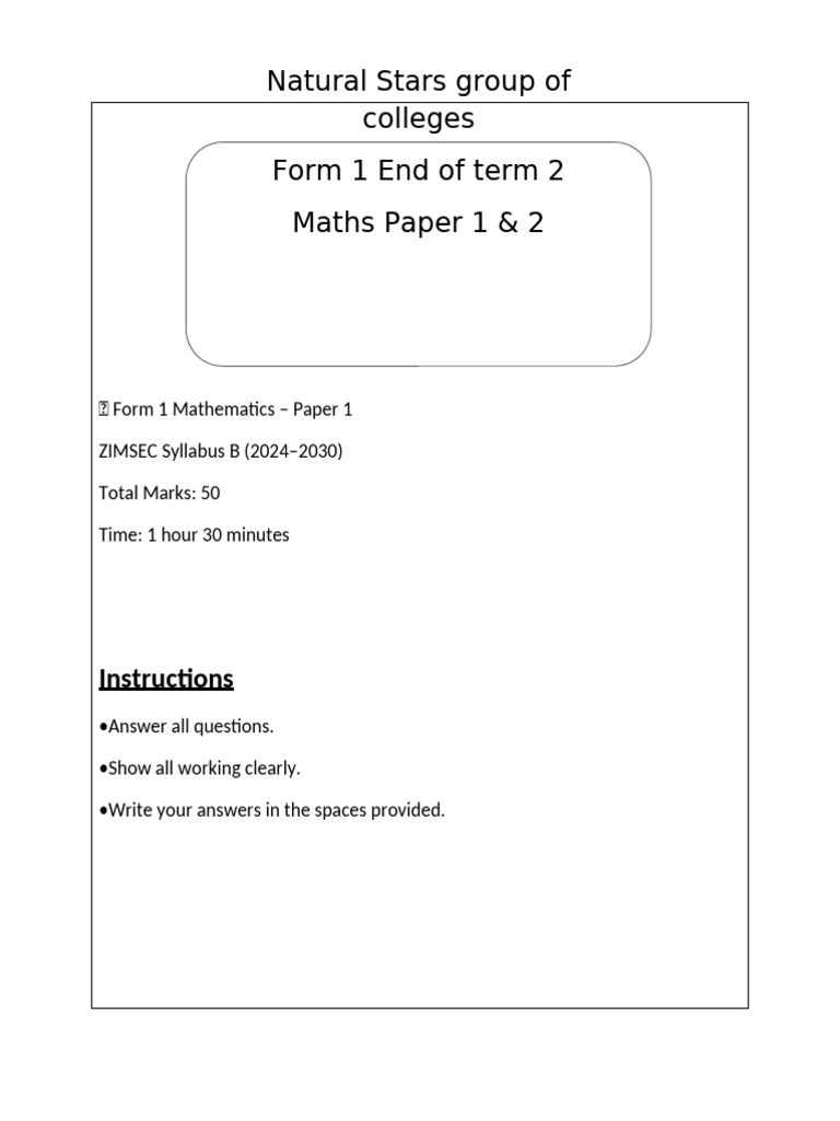 Form 1 Maths Paper 1 (2025) | PDF | Length | Mathematics
