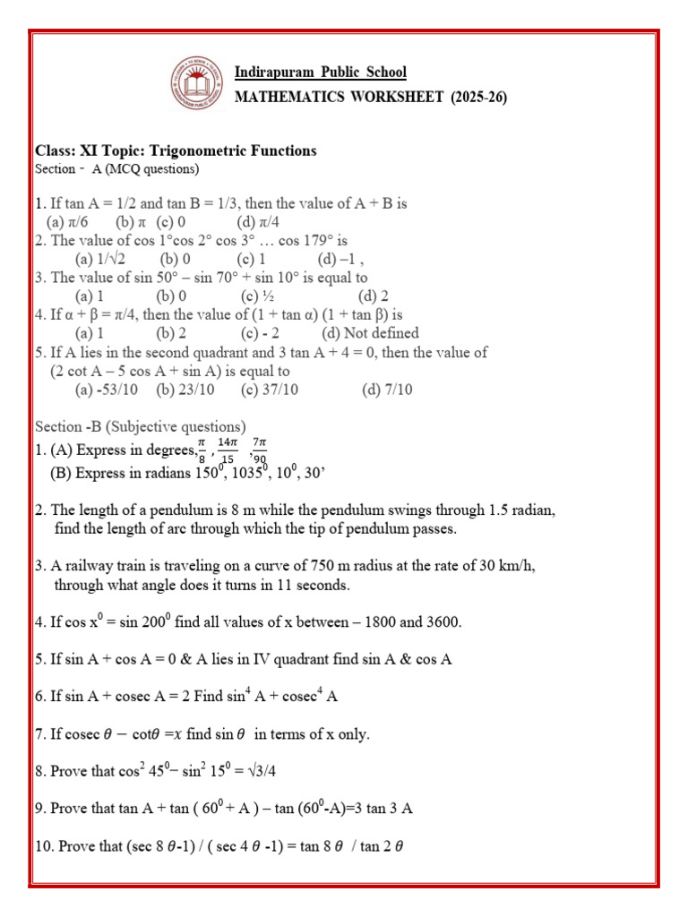 Trigonometric Functions Worksheet Class XI-1 | PDF