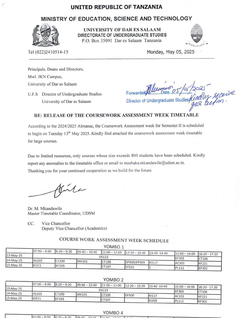 Release of The Coursework Assessment Week Timetable 2025 | PDF
