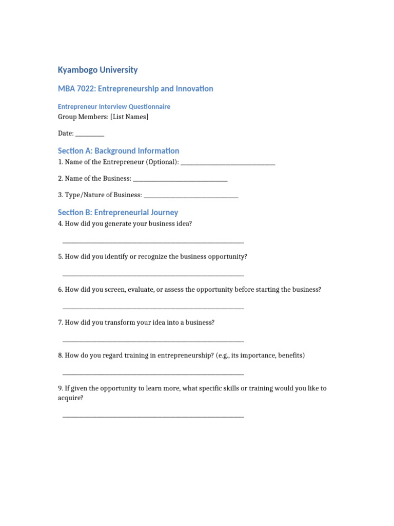 Entrepreneur Interview Questionnaire | PDF