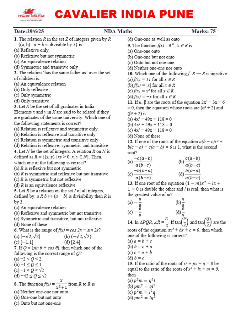Nda Maths Test Paper 29.6.25 | PDF | Mathematics