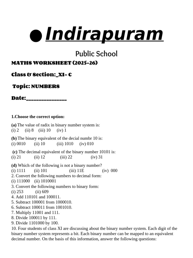 XI Worksheet Numers | PDF