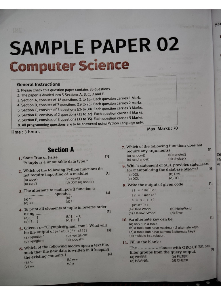 CS Sample Paper 2 Class 12 | PDF