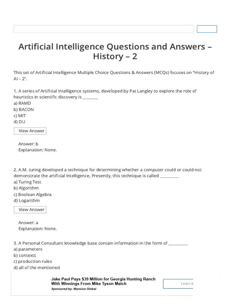 Artificial Intelligence Questions and Answers - History - 2 ...