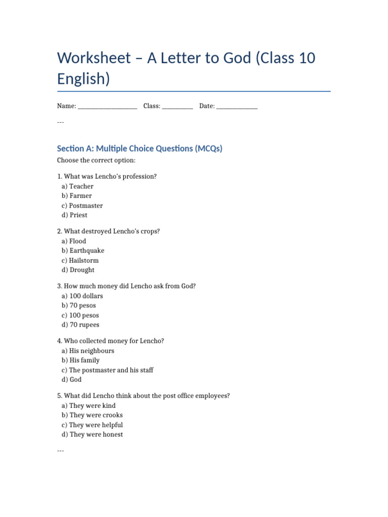 A Letter To God Worksheet | PDF