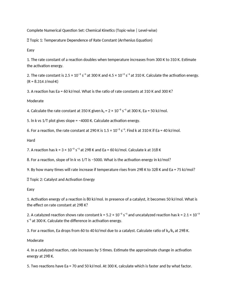 Chemical Kinetics Numericals Set | PDF | Activation Energy | Reaction ...