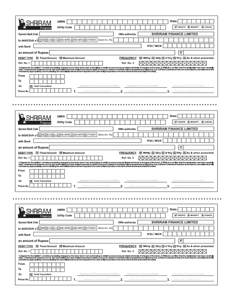 Mandate Form For Direct Auto Debit | PDF