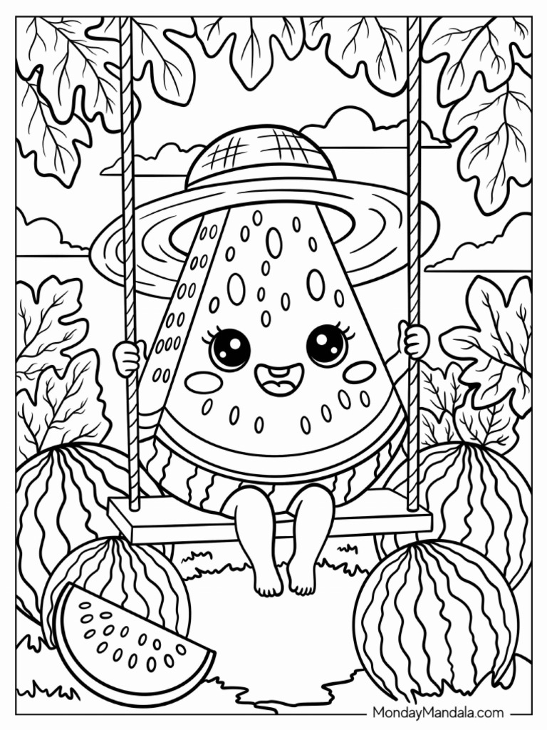 Cute Watermelon Slice Enjoying A Swing Ride Coloring Page For Kids | PDF