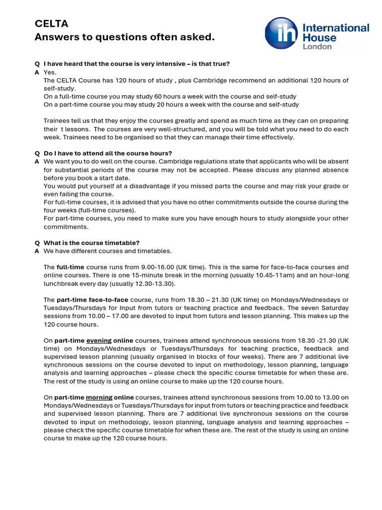 CELTA Course Information FAQs 2024 | PDF | Human Communication | Learning