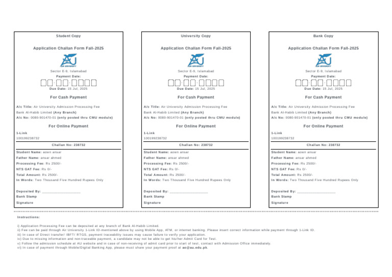 Air University Fee Challan | PDF | Money | Payments