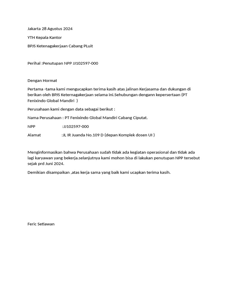 Permohonan Penutupan NPP CPT | PDF