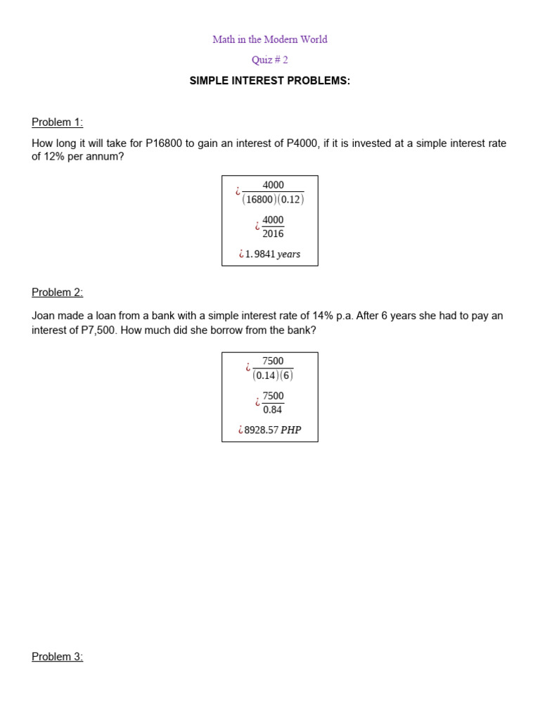 Math in The Modern World Simple and Compound Interest Quiz | PDF ...
