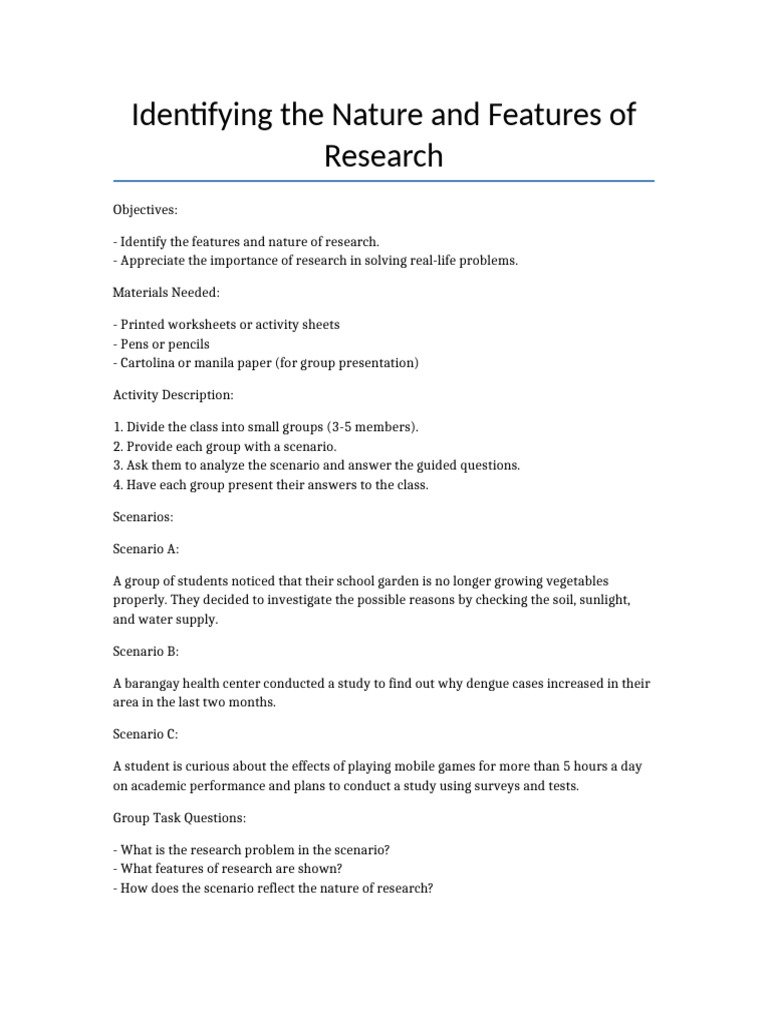 ACTIVITY-RESEARCH-Identifying Nature and Features of Research | PDF