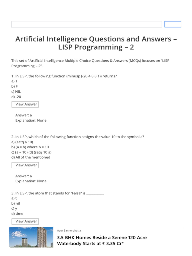Artificial Intelligence Questions and Answers - LISP Programming - 2 - Sanfoundry | PDF ...