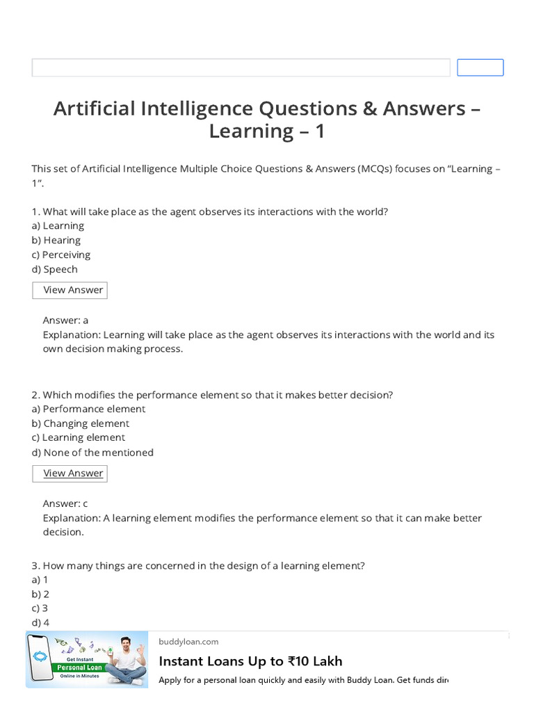 Learning - Artificial Intelligence Questions and Answers - Sanfoundry | PDF | Time Complexity ...