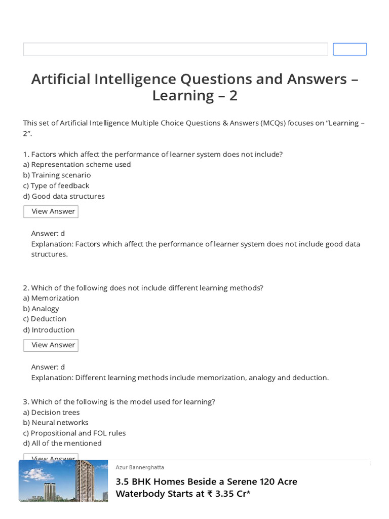 Artificial Intelligence Questions and Answers - Learning - 2 - Sanfoundry | PDF | Learning ...