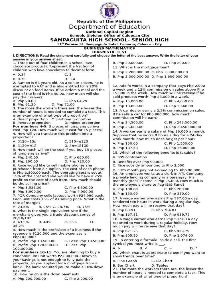 Business Math Diagnostic Test | PDF | Government Finances | Economies