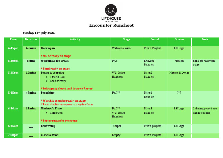 Encounter Runsheet | PDF