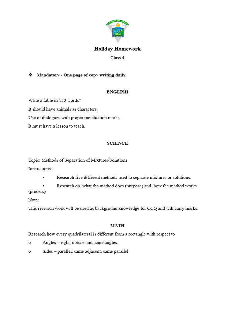 Planner 20250602171108 Class IV - Holiday Homework | PDF