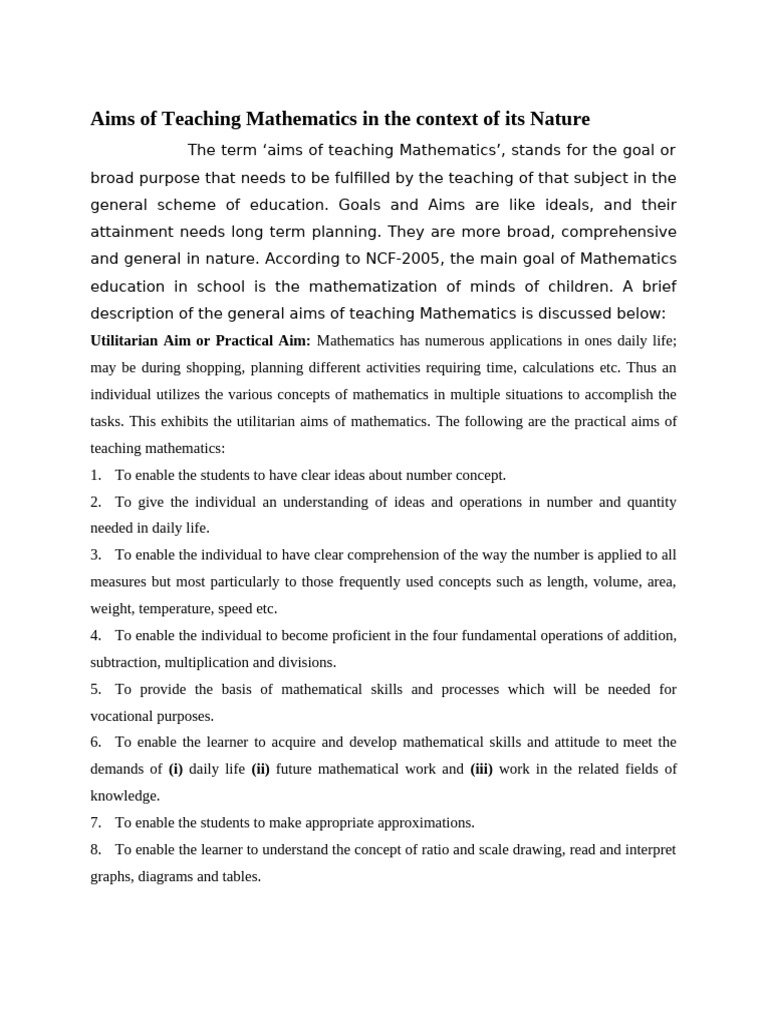 Aims of Teaching Mathematics in The Context of Its Nature | PDF ...