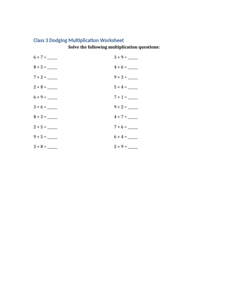 Class 3 Dodging Multiplication Worksheet | PDF