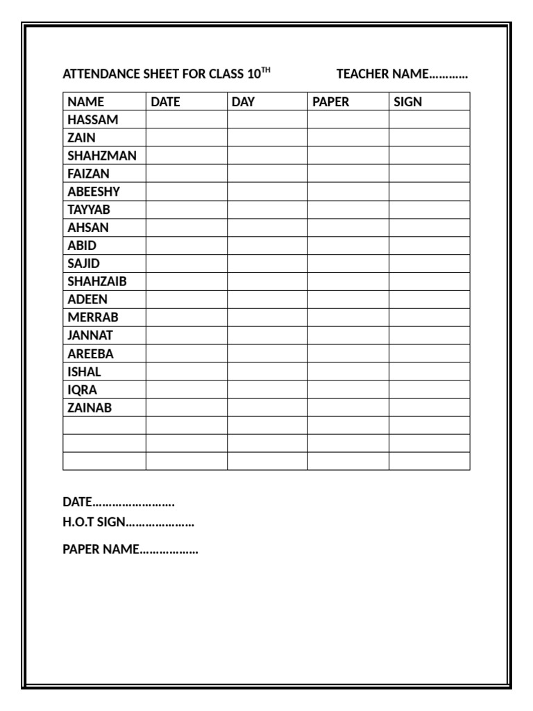 Attendance Sheet For Class 10th June | PDF
