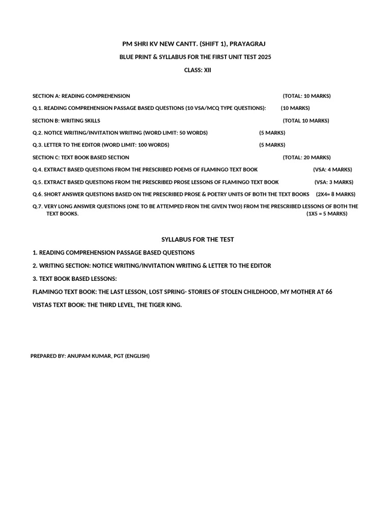 Class Xii Ut 1 Syllabus | PDF