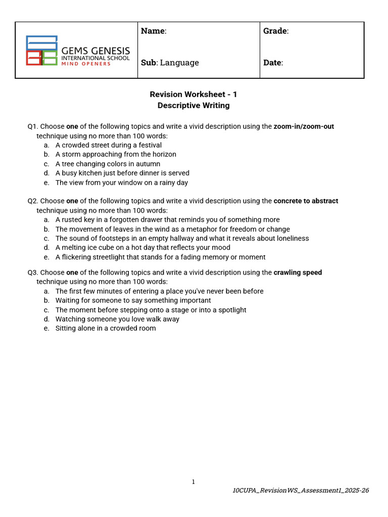 Descriptive Writing Revision Worksheet | PDF