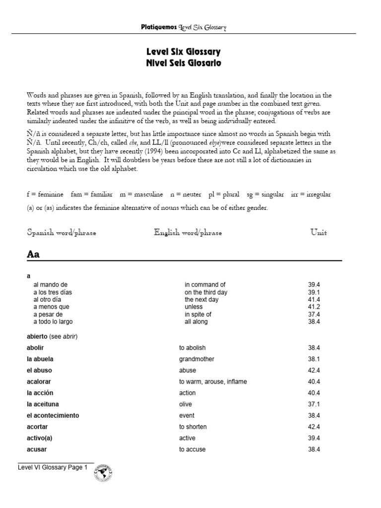 Level Six Spanish-English Glossary | PDF | Grammatical Gender ...