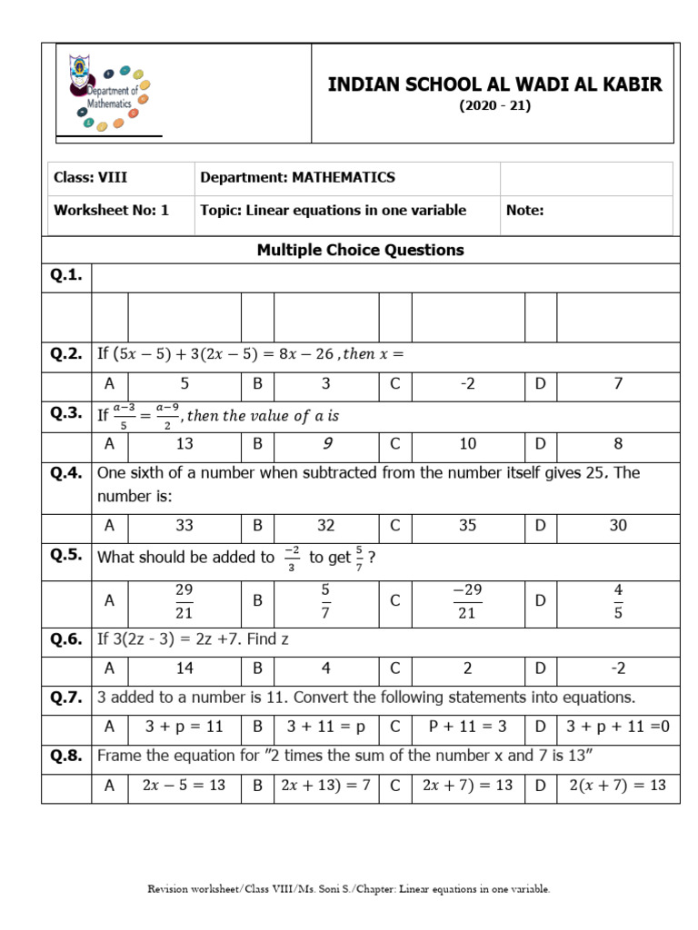Linear Equation in One Variable | PDF | Equations | Numbers