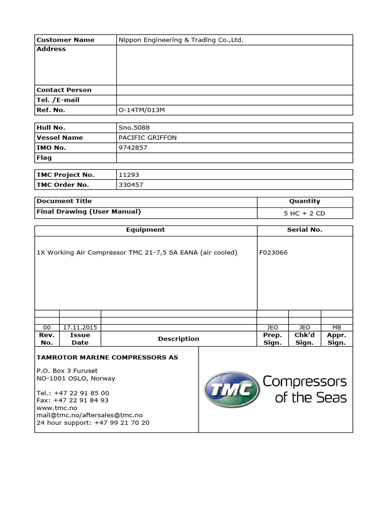 User Manual for TMC Air Compressor | PDF | Valve | Atmosphere Of Earth