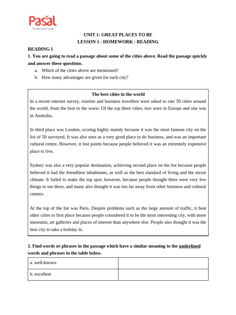 UNIT1 (Homework) Lesson 1 - Reading | PDF