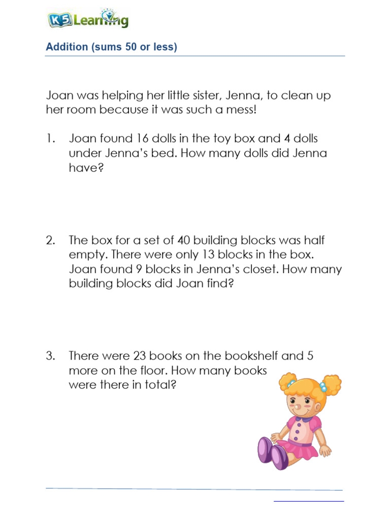 Grade 1 Addition Word Problem Worksheets - Sums Under | PDF